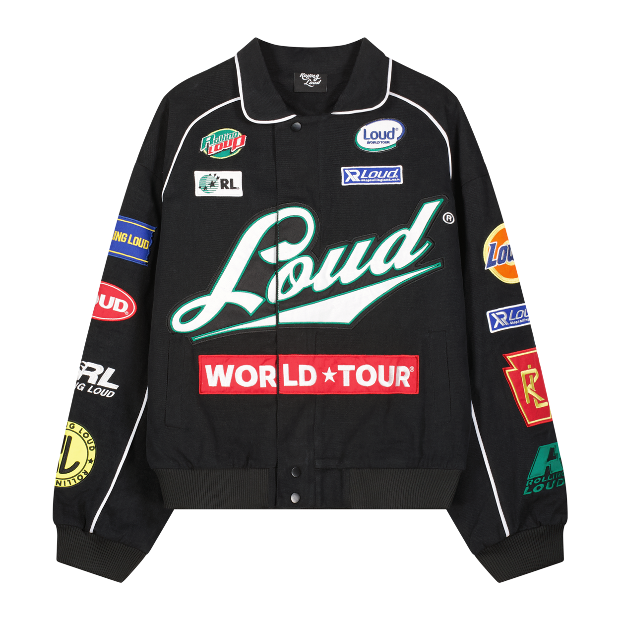RL World Tour Black Racing Jacket | Rolling Loud